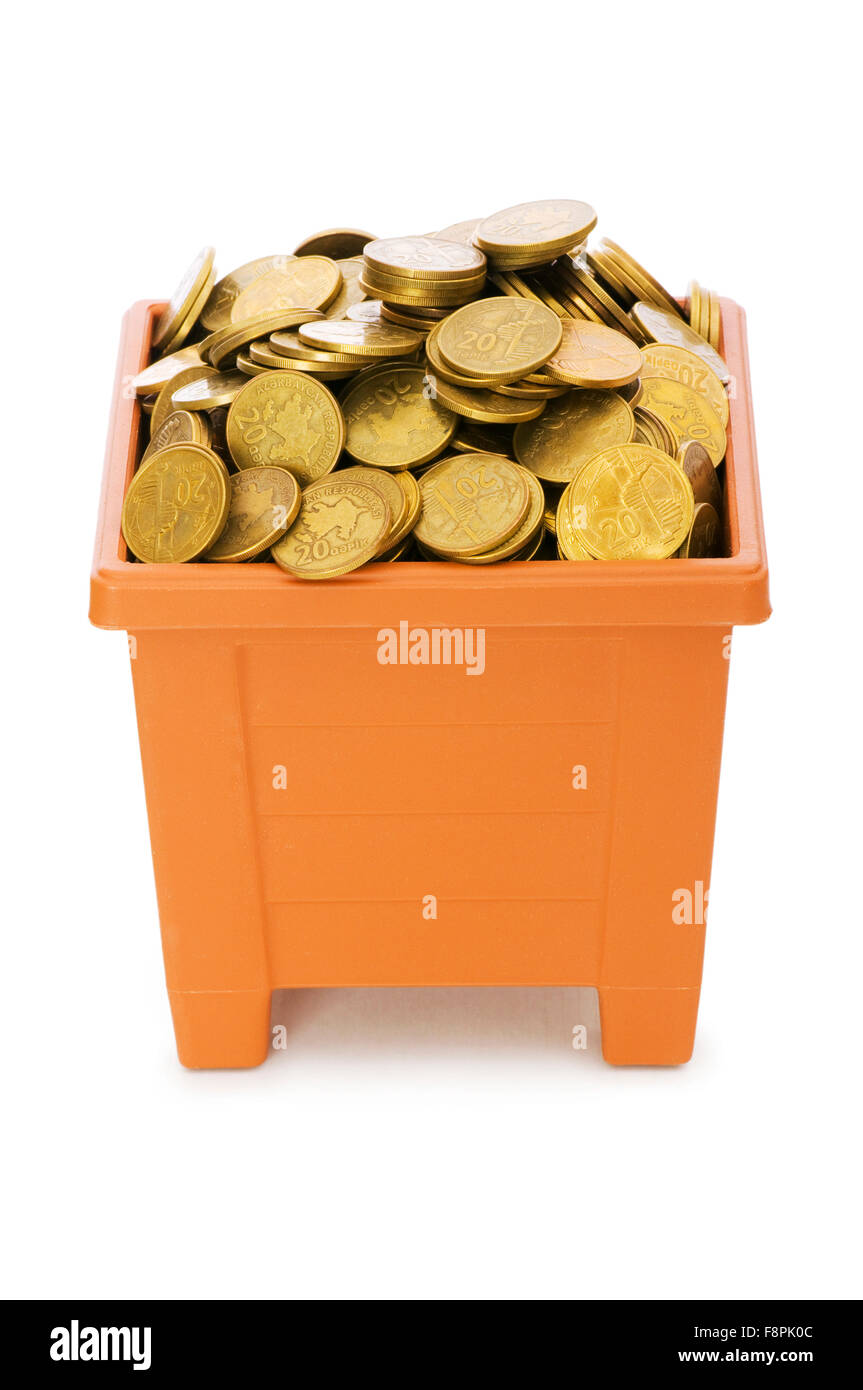 Many coins in the clay pot on white Stock Photo - Alamy