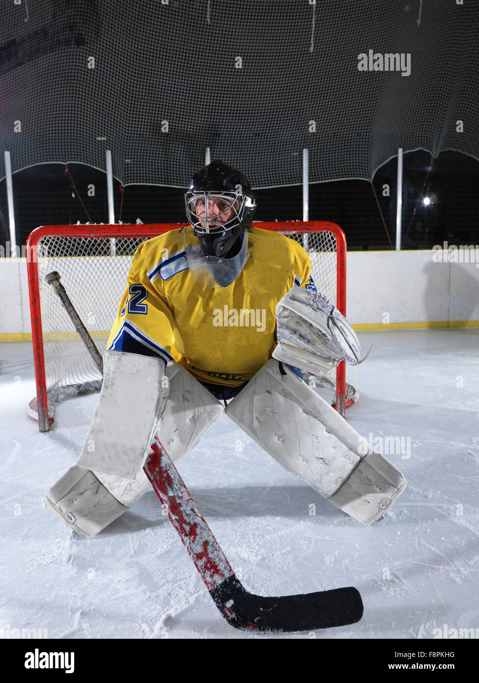 ice hockey goalkeeper player on goal in action Stock Photo - Alamy