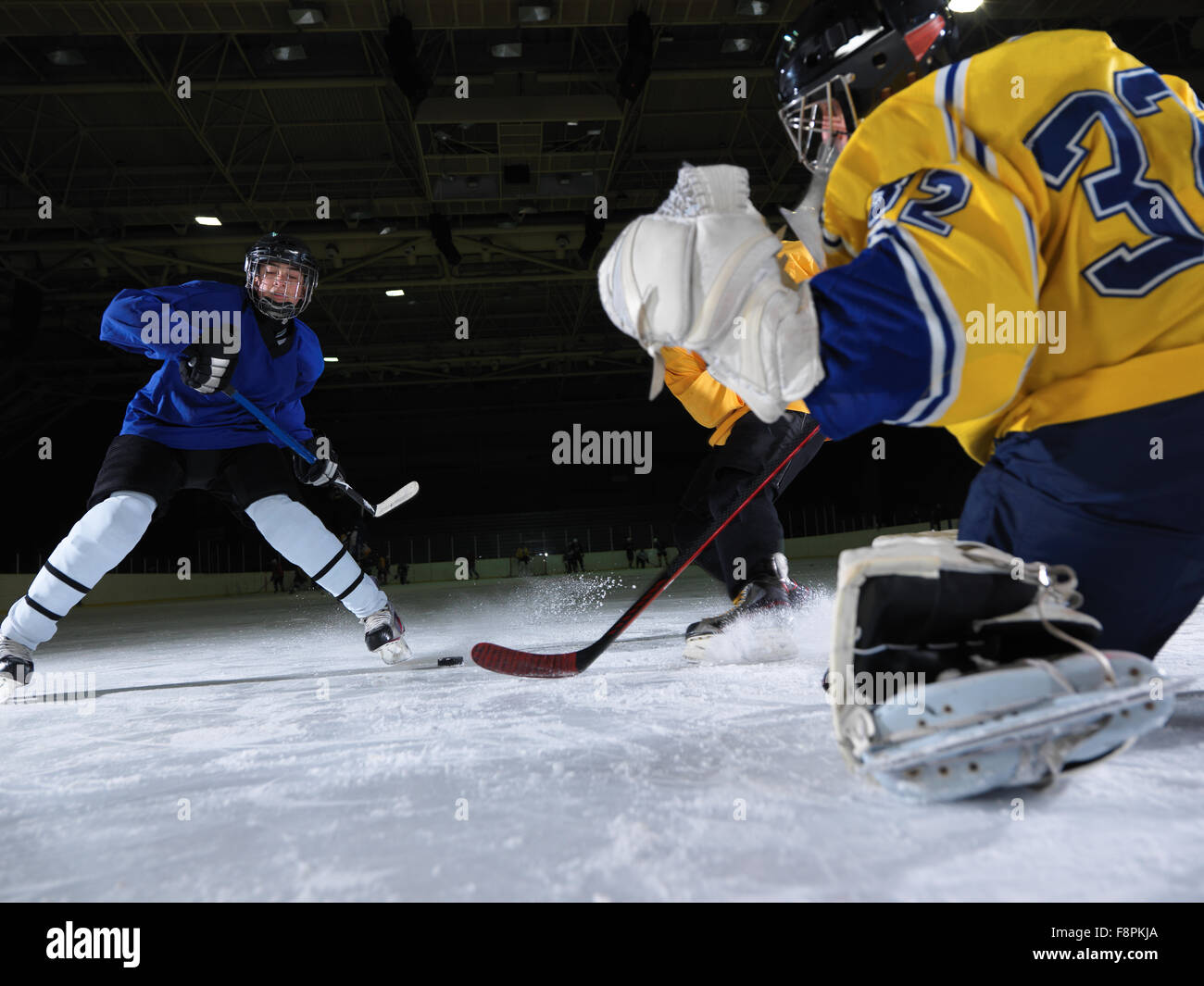 ice hockey goalkeeper player on goal in action Stock Photo - Alamy