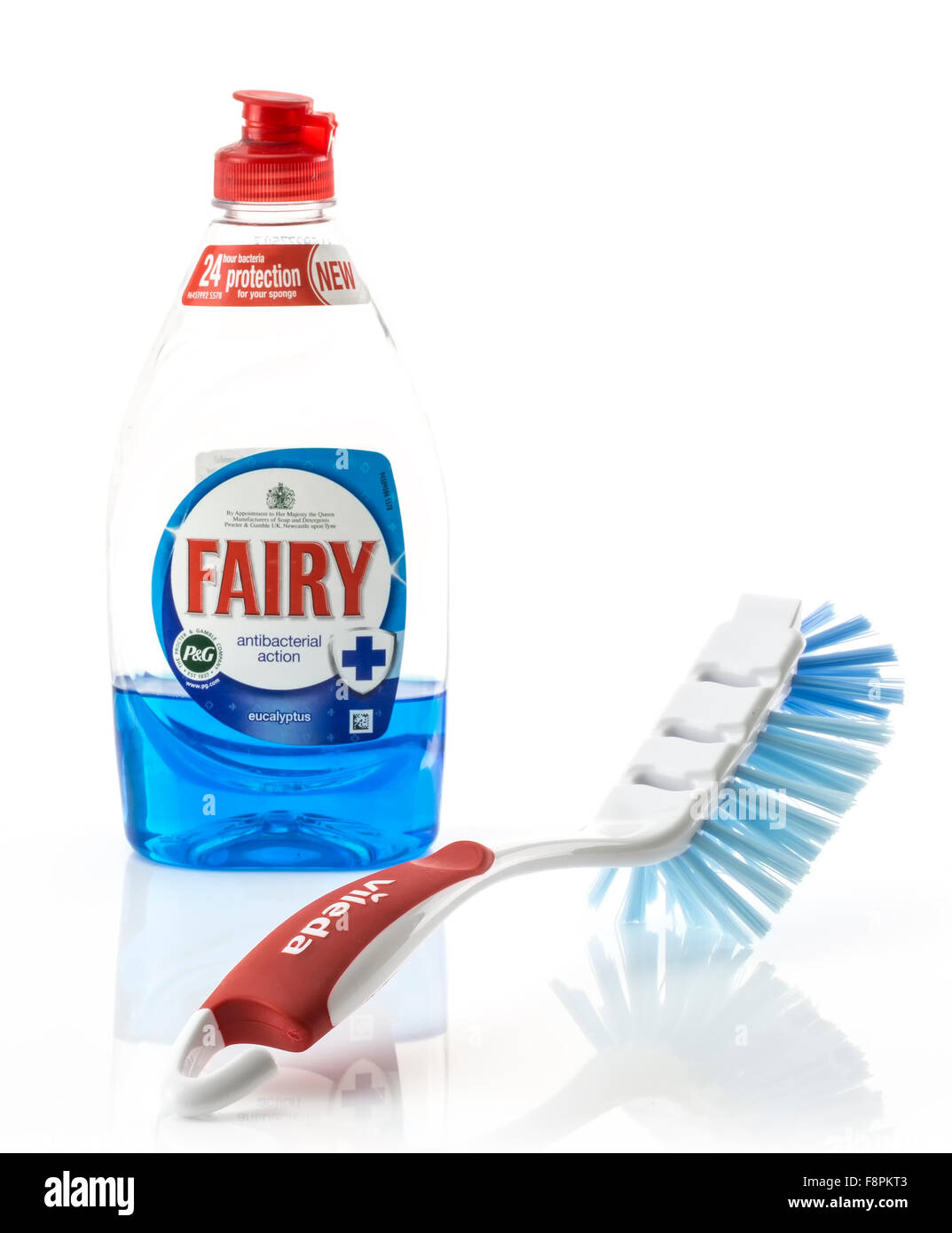 Fairy Liquid Antibacteterial Action and Vileda washing up brush on a ...