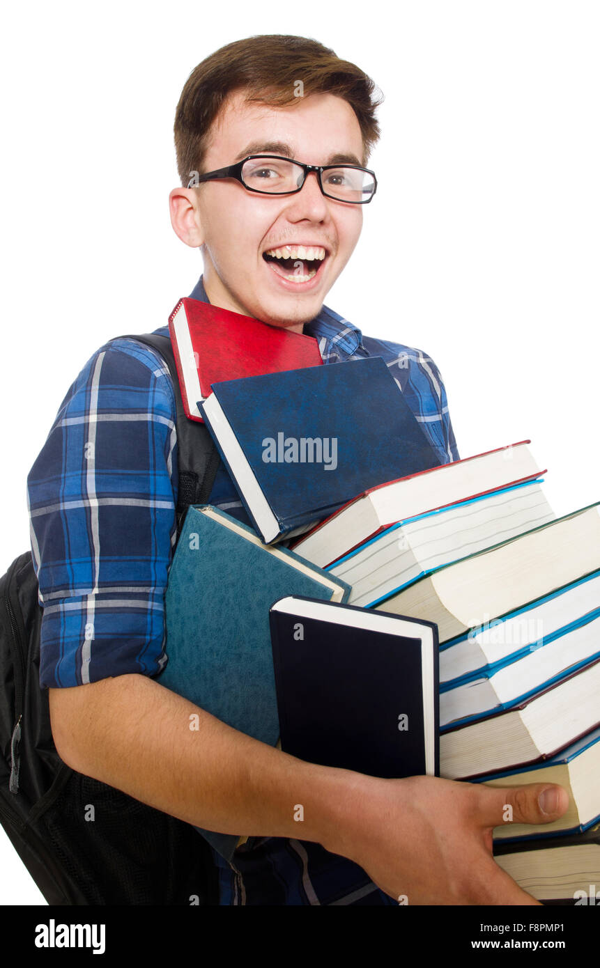 Funny student with stack of books Stock Photo - Alamy