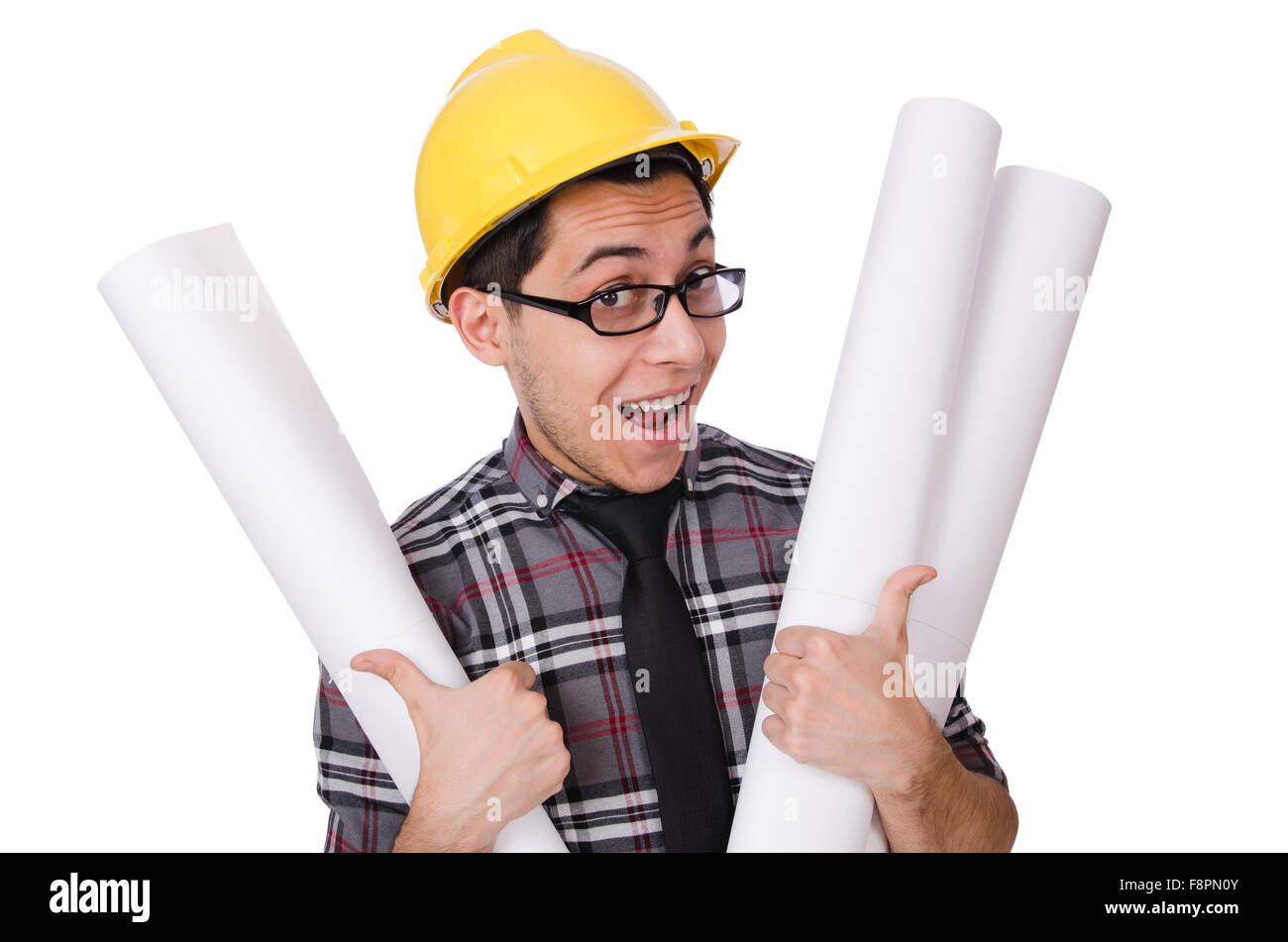 Funny man with blueprints on white Stock Photo - Alamy
