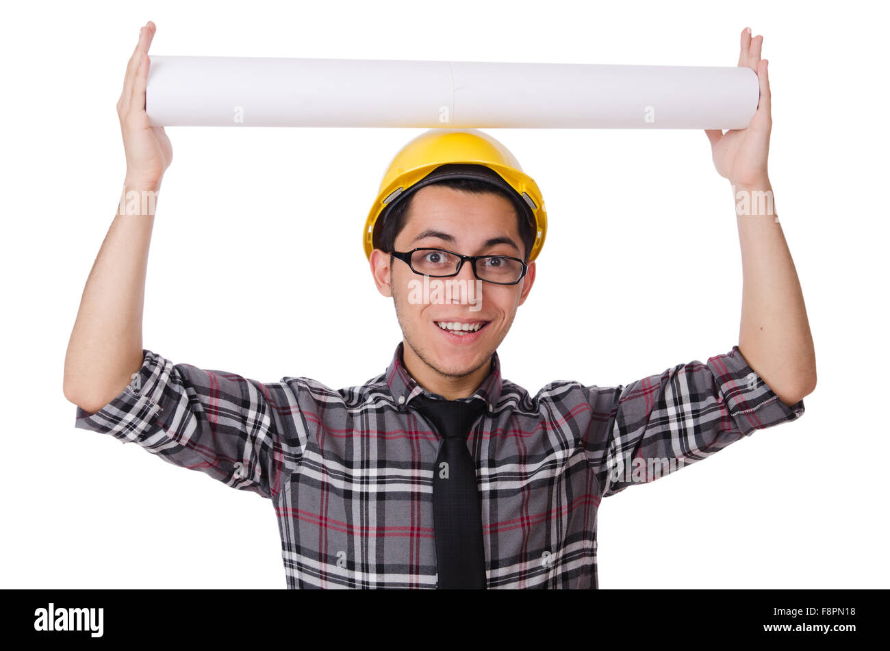 Funny man with blueprints on white Stock Photo - Alamy