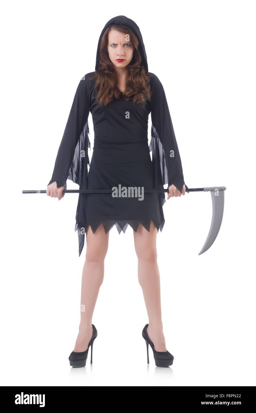 Woman in halloween concept with scythe Stock Photo - Alamy