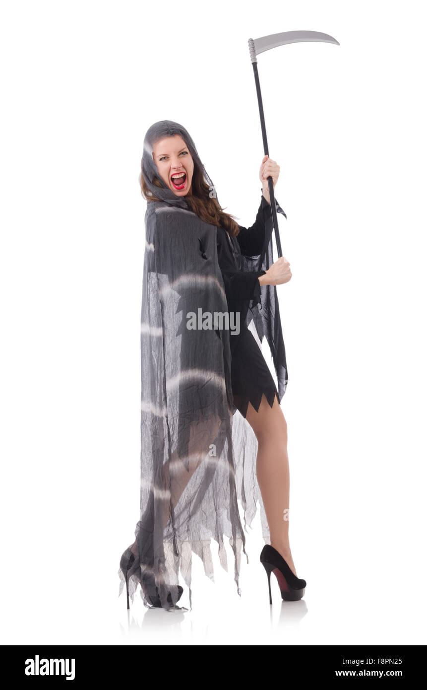Woman in halloween concept with scythe Stock Photo - Alamy