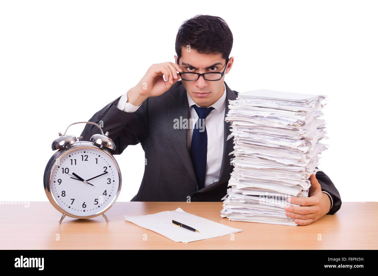 Busy man with stack of papers isolated on white Stock Photo - Alamy