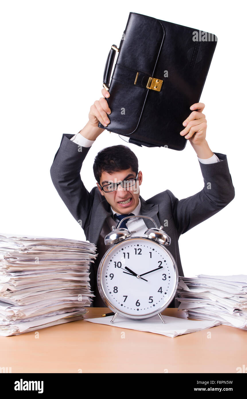 Busy man with stack of papers isolated on white Stock Photo - Alamy