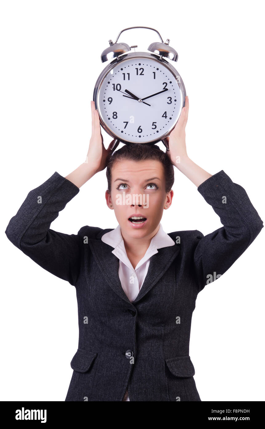 Businesswoman with clock missing her deadlines Stock Photo - Alamy