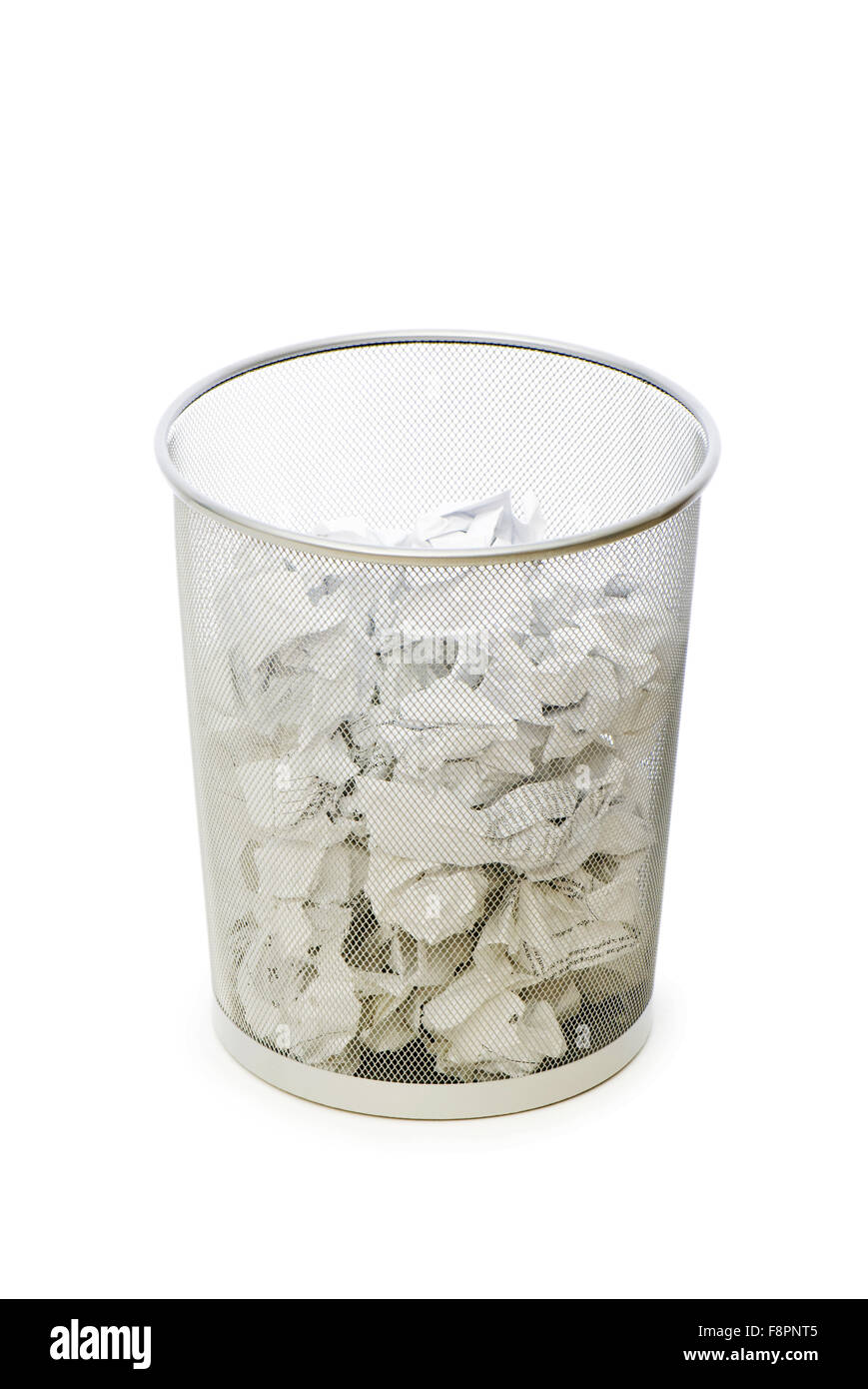 Garbage bin with paper waste isolated on white Stock Photo - Alamy