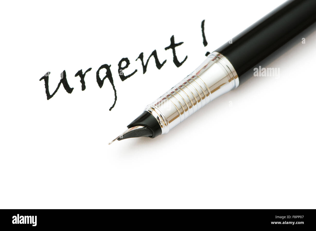 Golden pen and urgent message isolated on white Stock Photo - Alamy