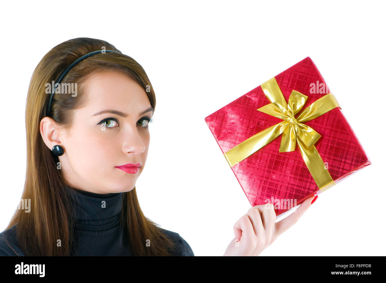 Young woman with red gift box Stock Photo - Alamy