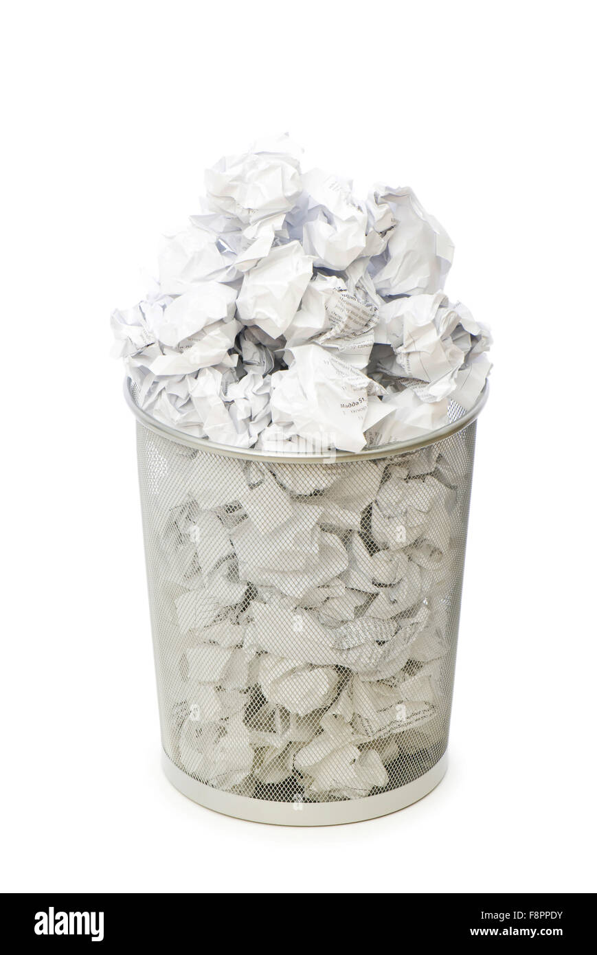 Garbage bin with paper waste isolated on white Stock Photo - Alamy