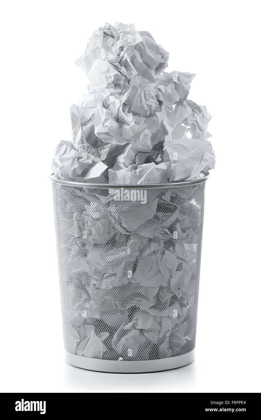 Garbage bin with paper waste isolated on white Stock Photo - Alamy
