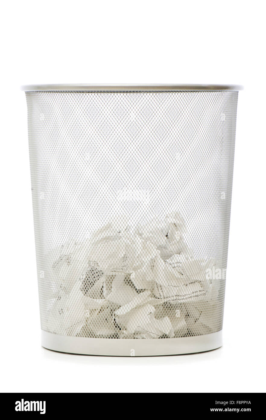 Garbage bin with paper waste isolated on white Stock Photo - Alamy