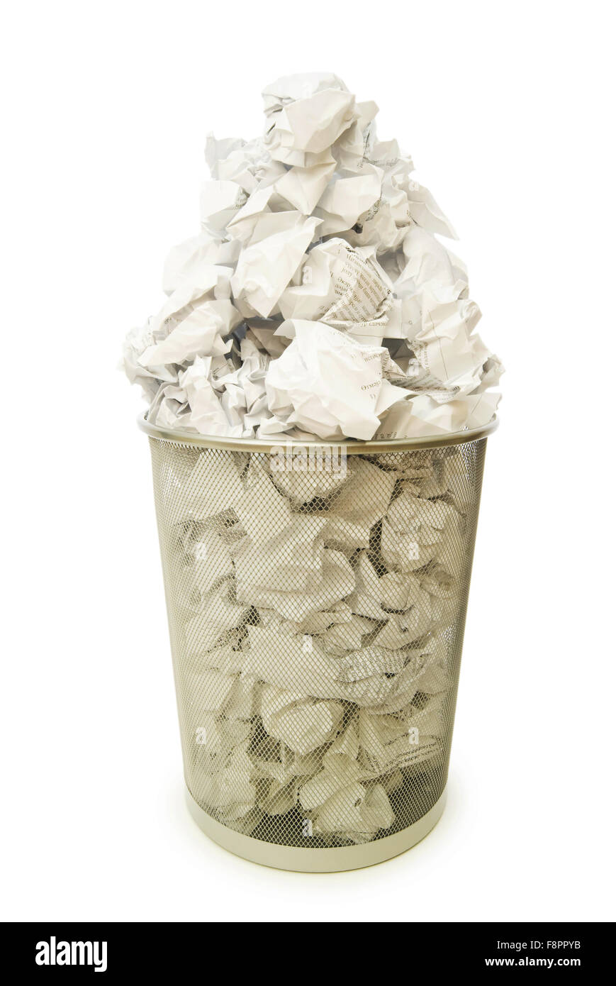 Garbage bin with paper waste isolated on white Stock Photo - Alamy
