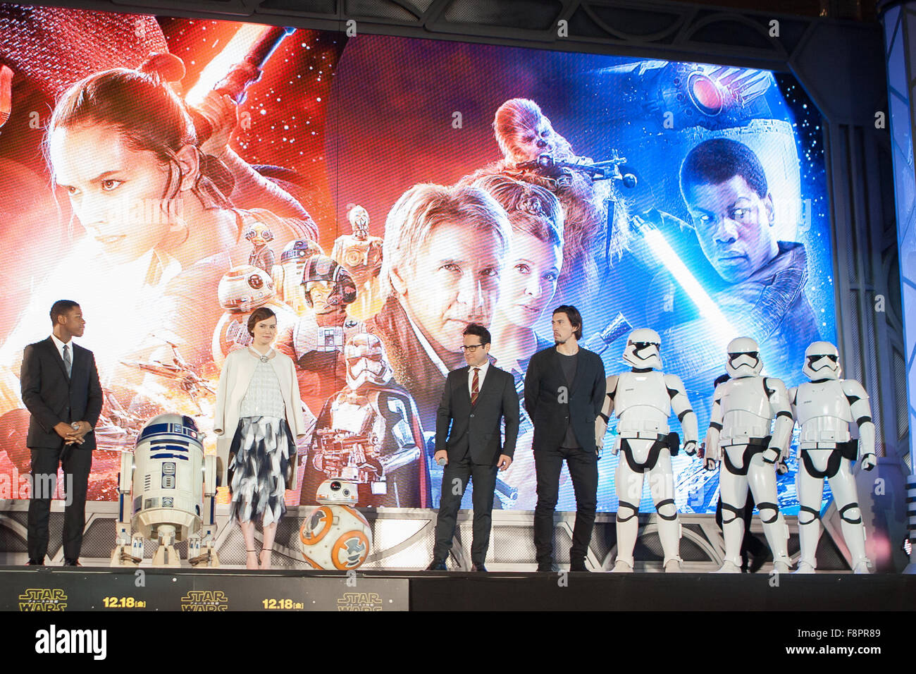 John Boyege, Daisy Ridley, J.J. Abrams and Adam Driver, Dec 10, 2015 : ...