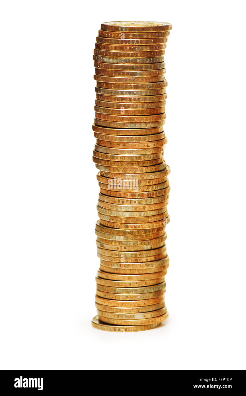 High stack of coins isolated on white Stock Photo - Alamy