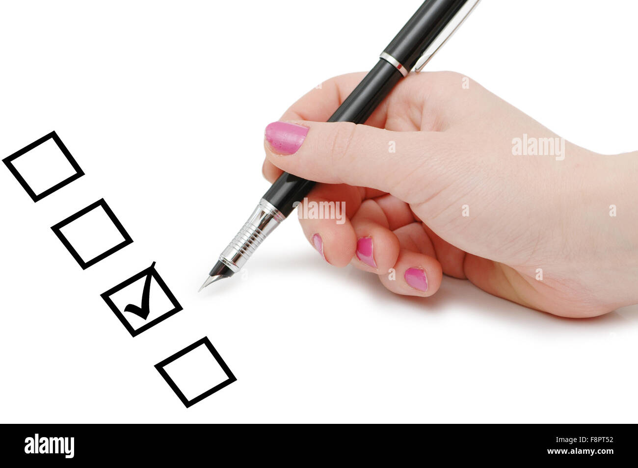 List of checkboxes and hand with pen Stock Photo - Alamy