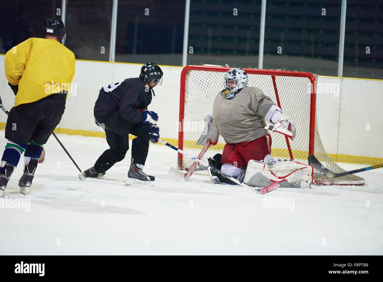 ice hockey goalkeeper player on goal in action Stock Photo - Alamy