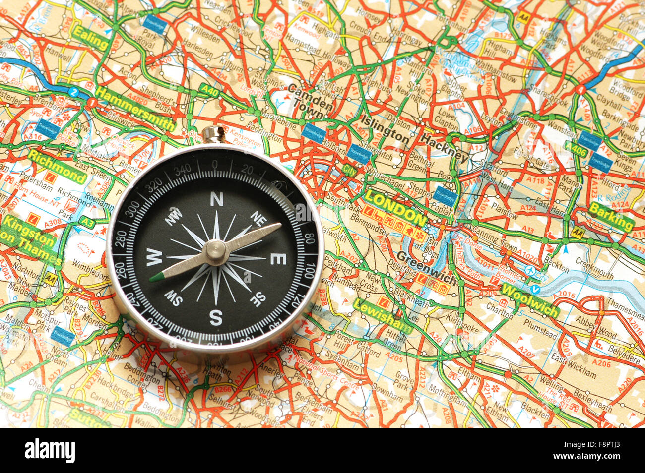 Compass over the map of UK - London suburbs Stock Photo - Alamy