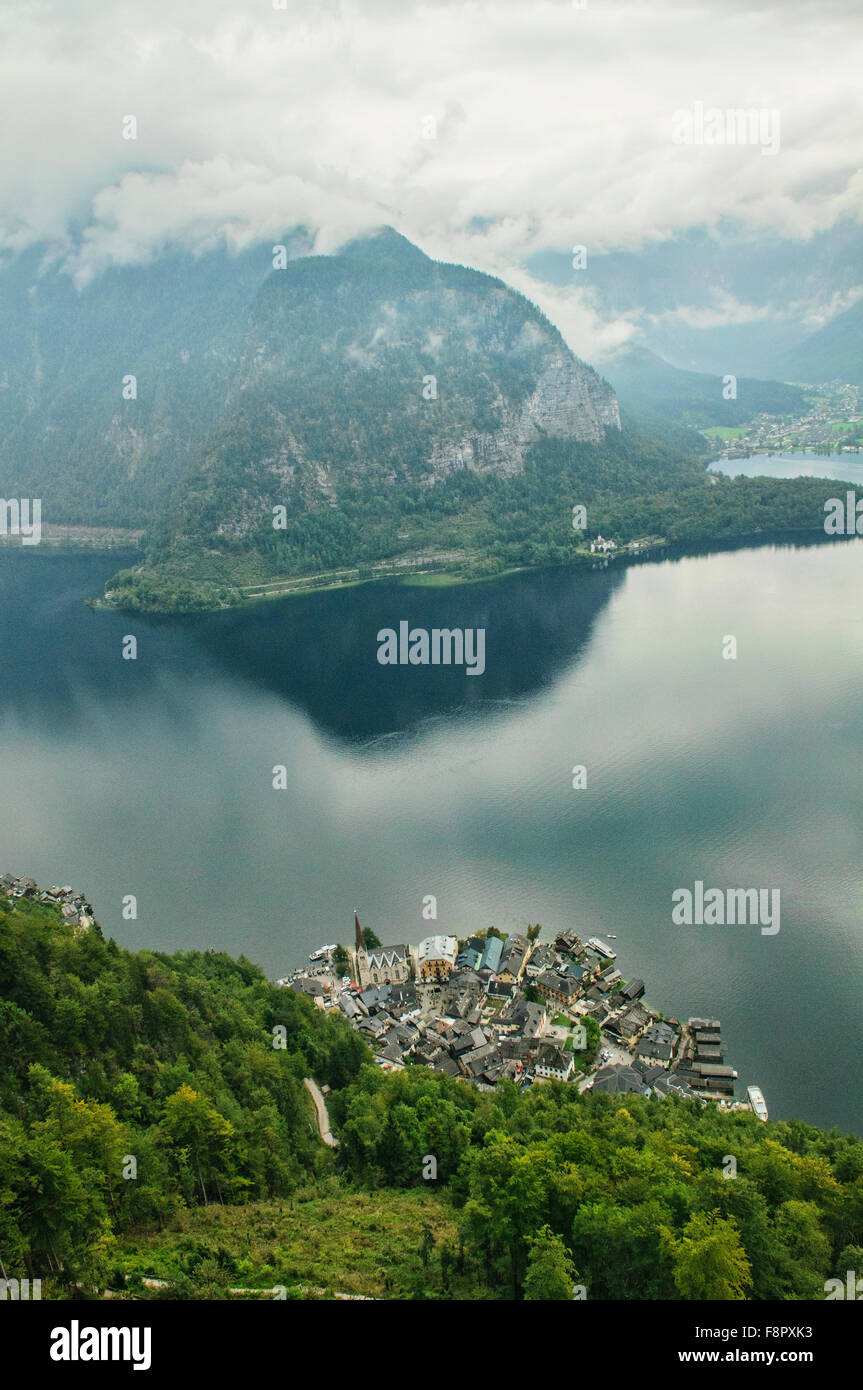 Aerial view of the small village of Hallstatt, Salzkammergut, Austria ...