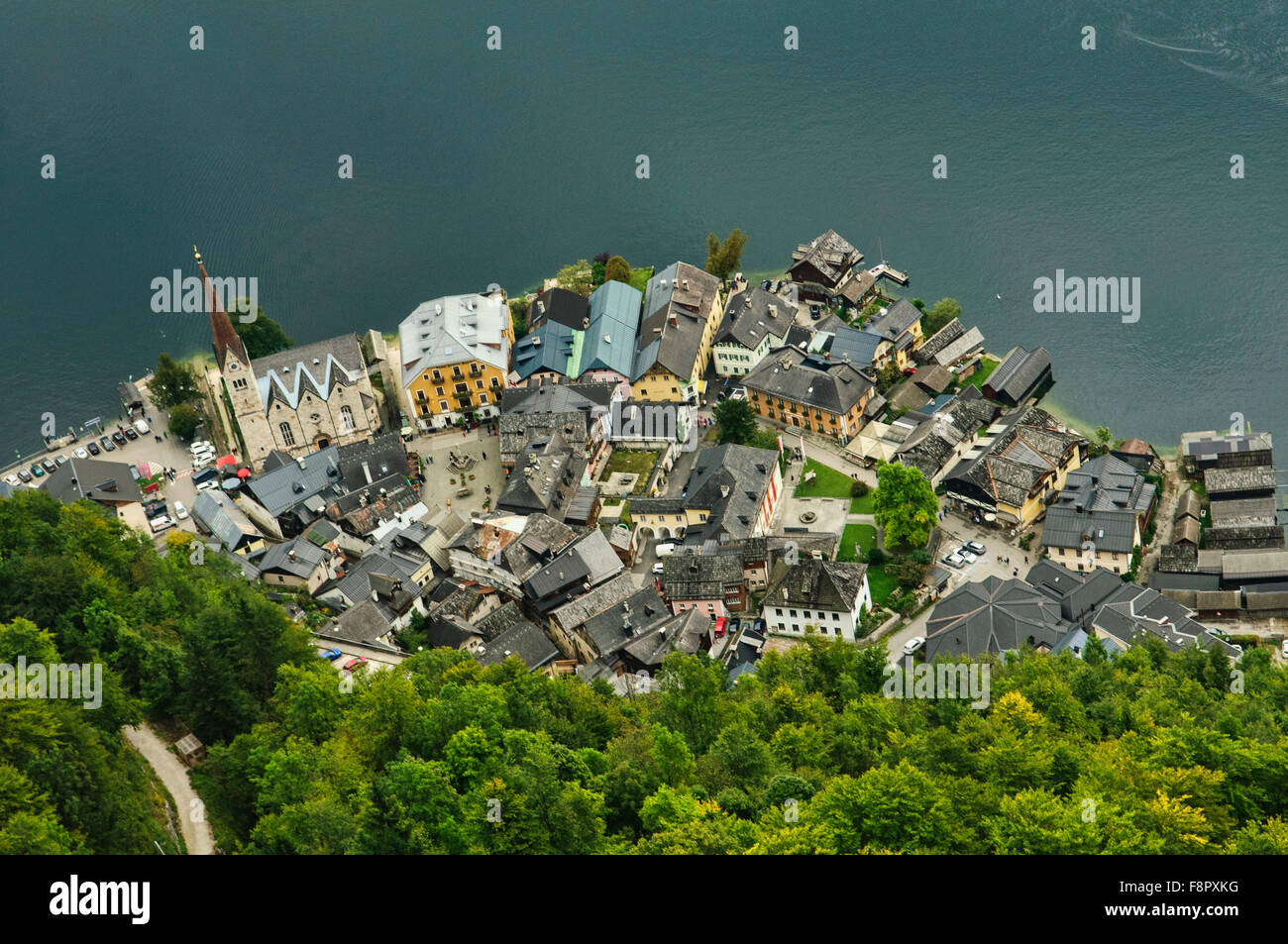 Aerial view of the small village of Hallstatt, Salzkammergut, Austria ...