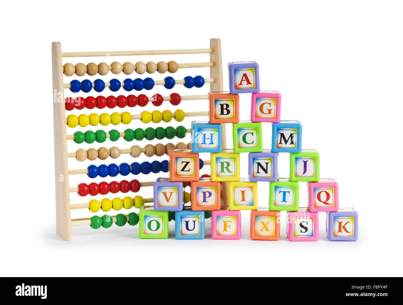 Alphabet blocks and abacus isolated on white Stock Photo - Alamy