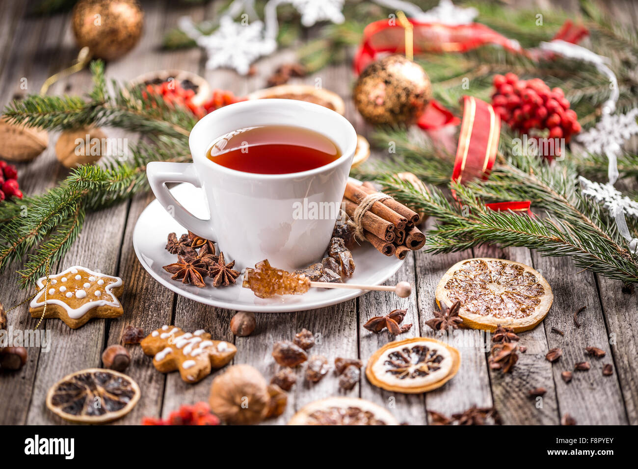 Cup of tea with Christmas decoration Stock Photo - Alamy