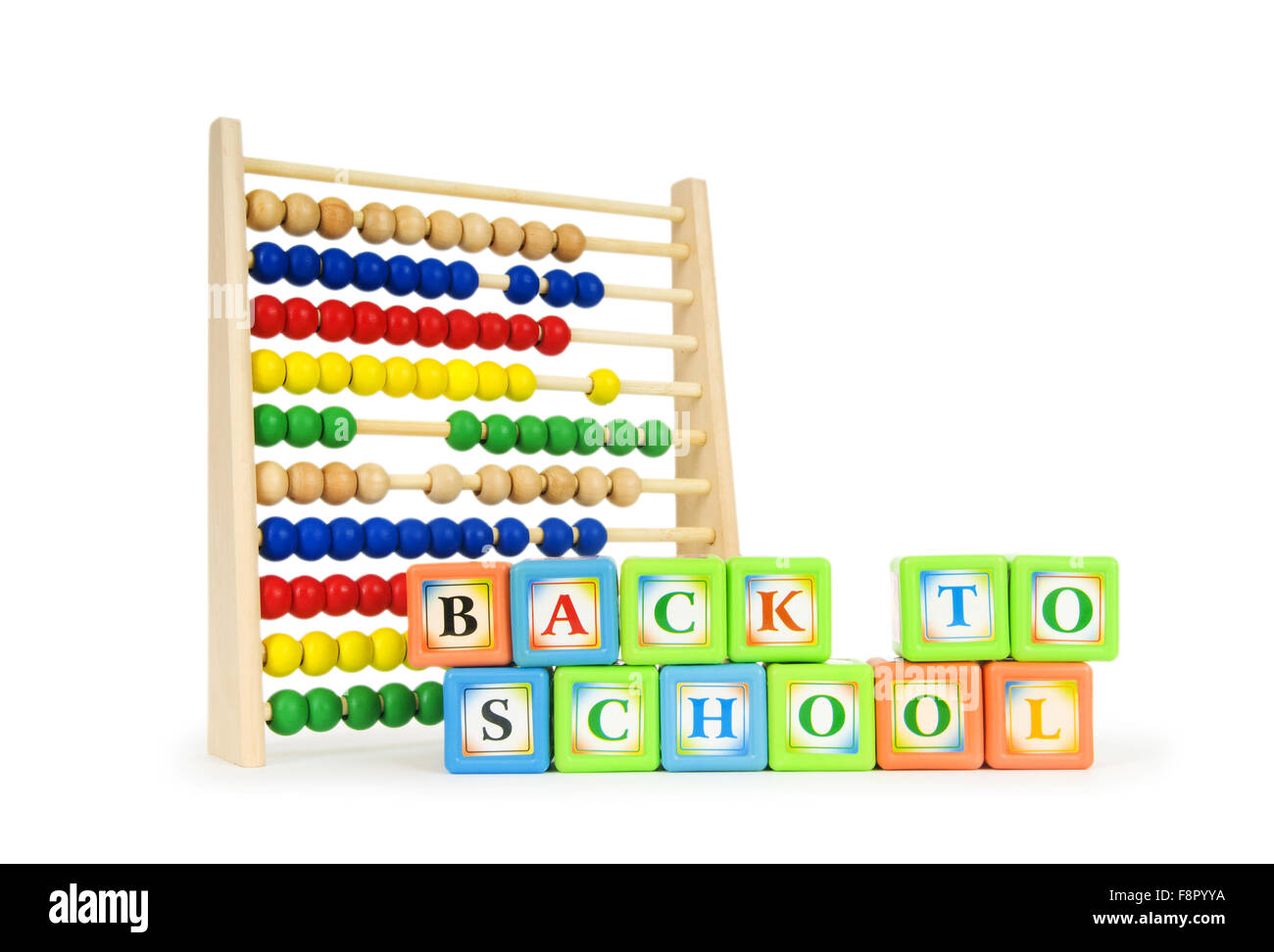 Alphabet blocks and abacus isolated on white Stock Photo - Alamy