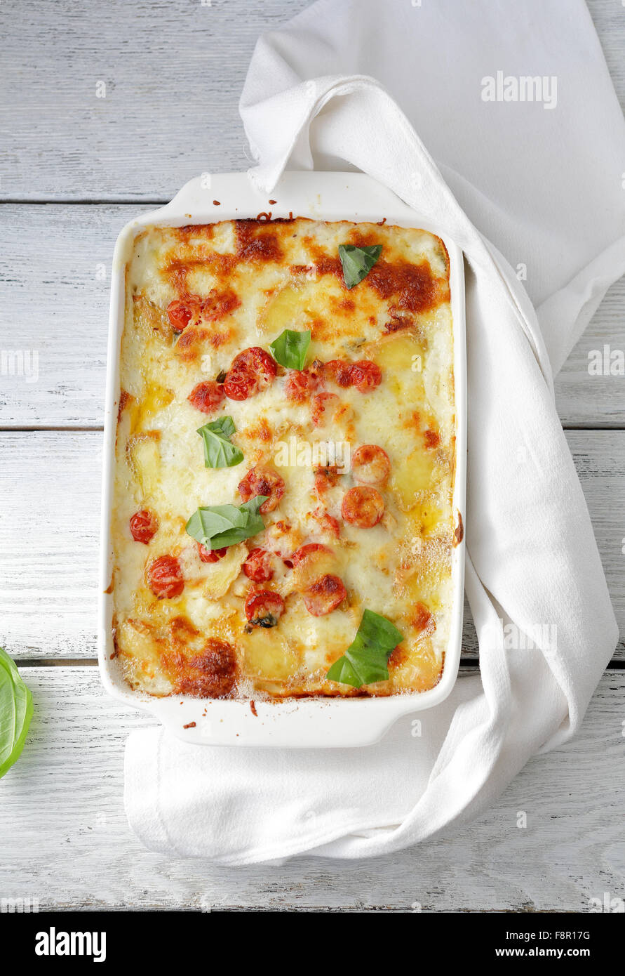 lasagna in white baking dish, top view Stock Photo - Alamy