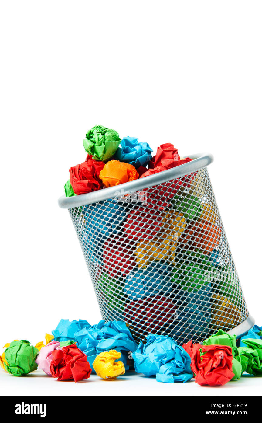 Garbage bin with paper waste isolated on white Stock Photo - Alamy