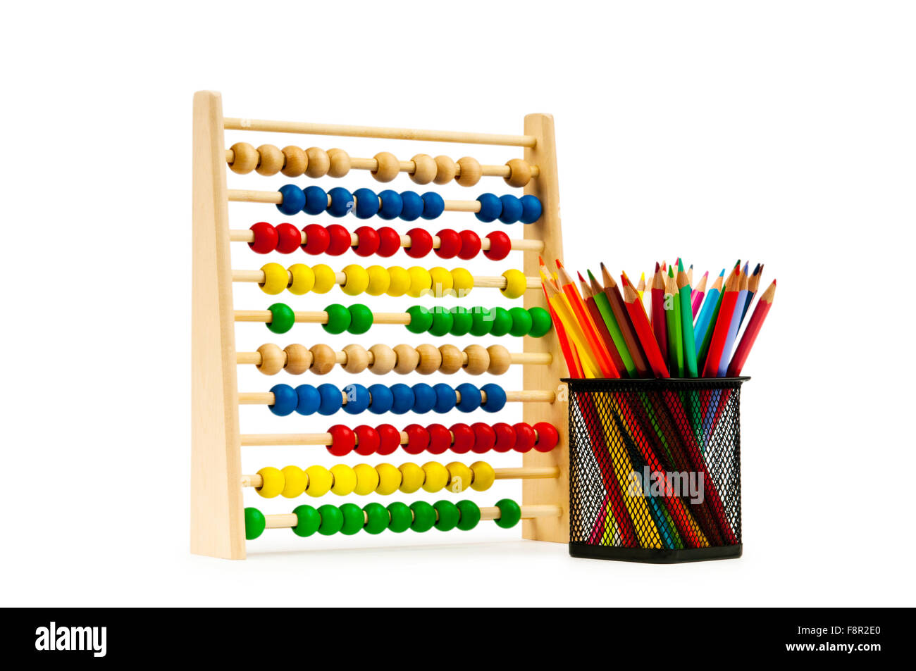 Abacus and pencils isolated on white Stock Photo - Alamy