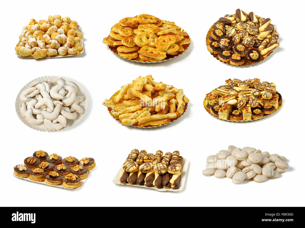 array of nine groups of different types of sweet and salty baked goods ...