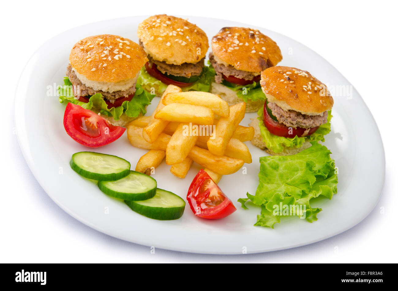 Plate with burgers and french fries Stock Photo - Alamy
