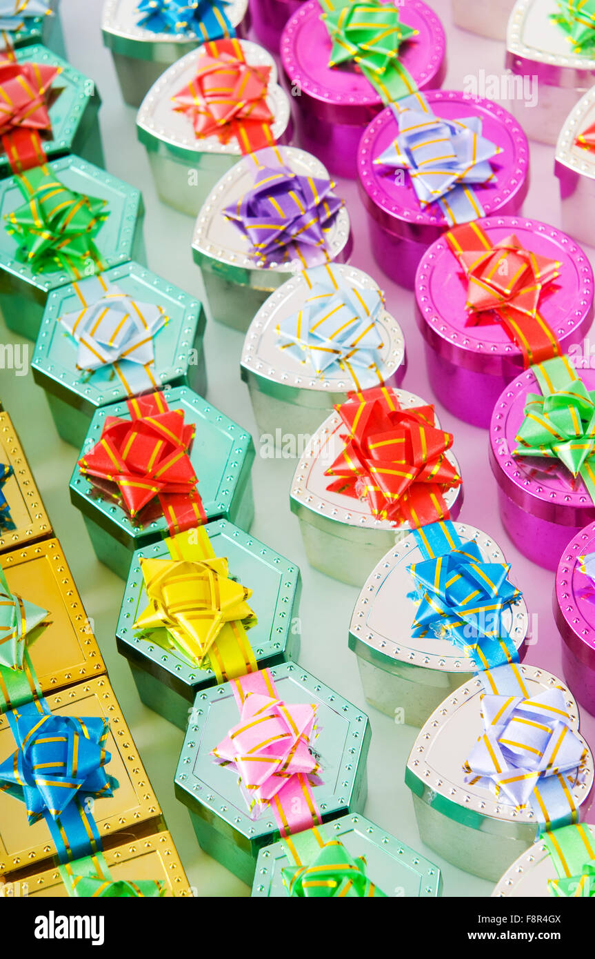 Many colourful gift boxes Stock Photo - Alamy