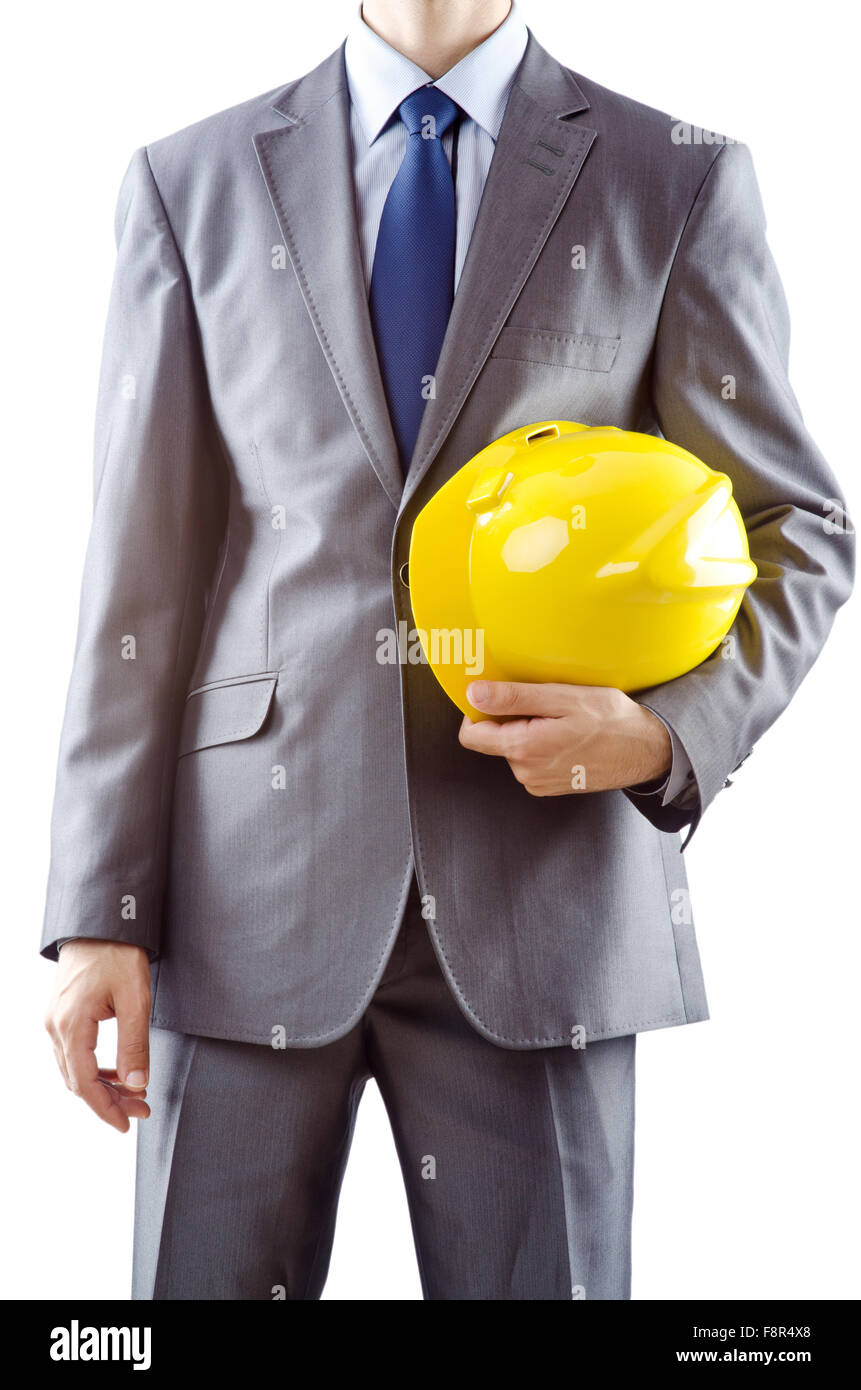 Man with hard hat on white Stock Photo - Alamy