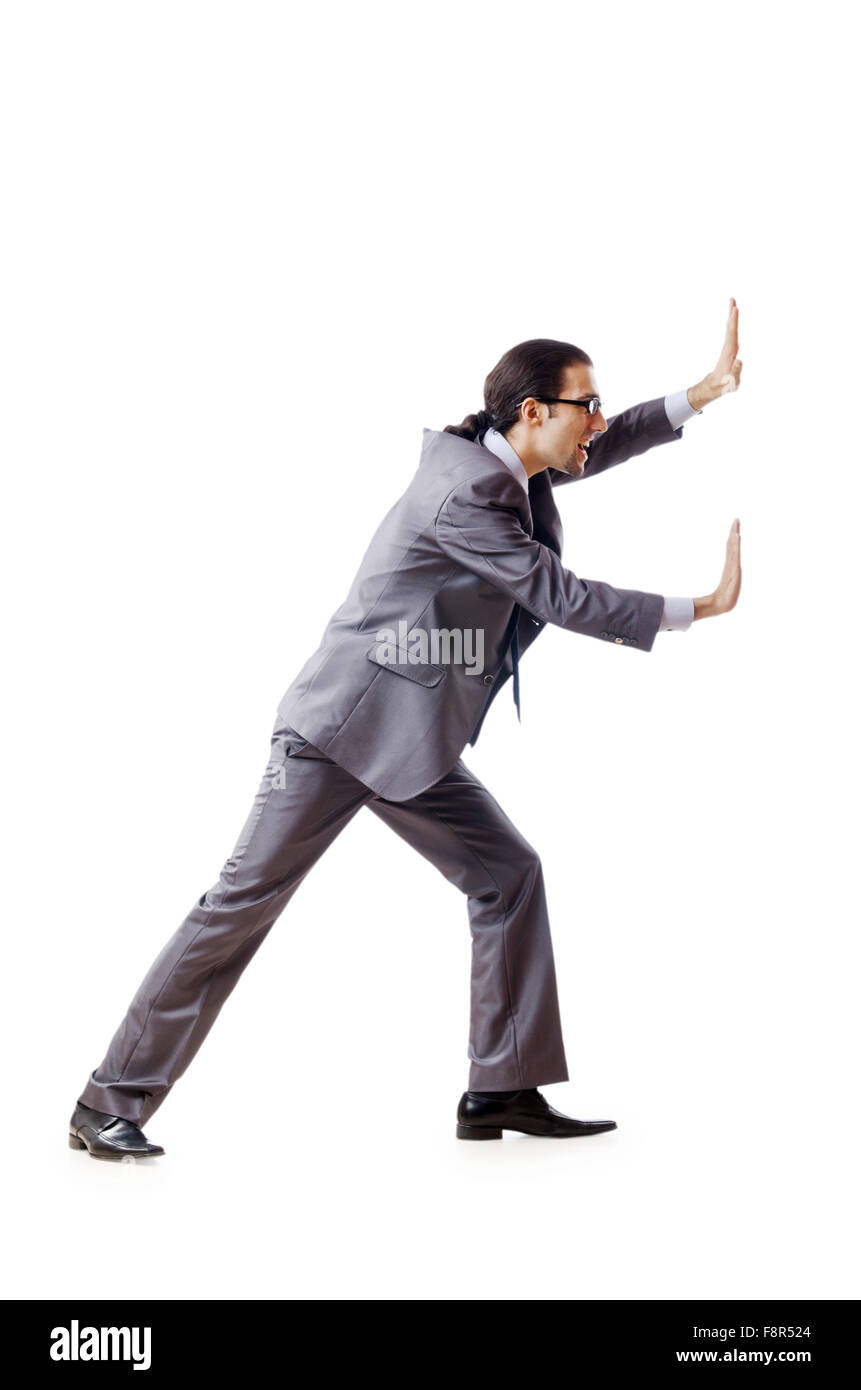 Businessman pushing away virtual problems Stock Photo - Alamy