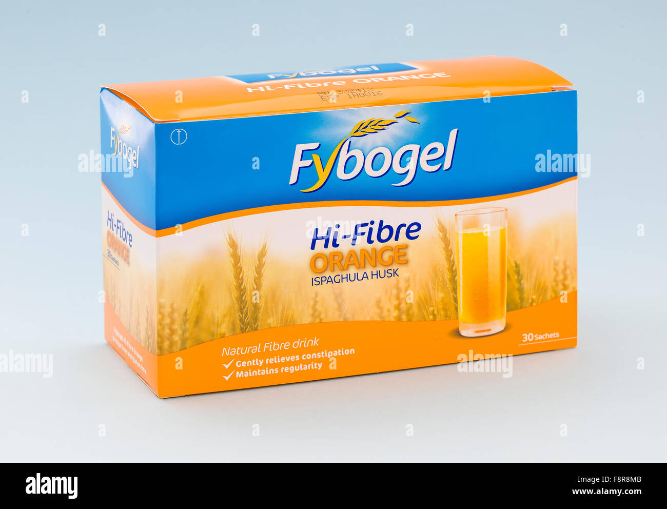 Box of Fybogel Orange Flavored Oral Laxative on a Light Blue Background ...