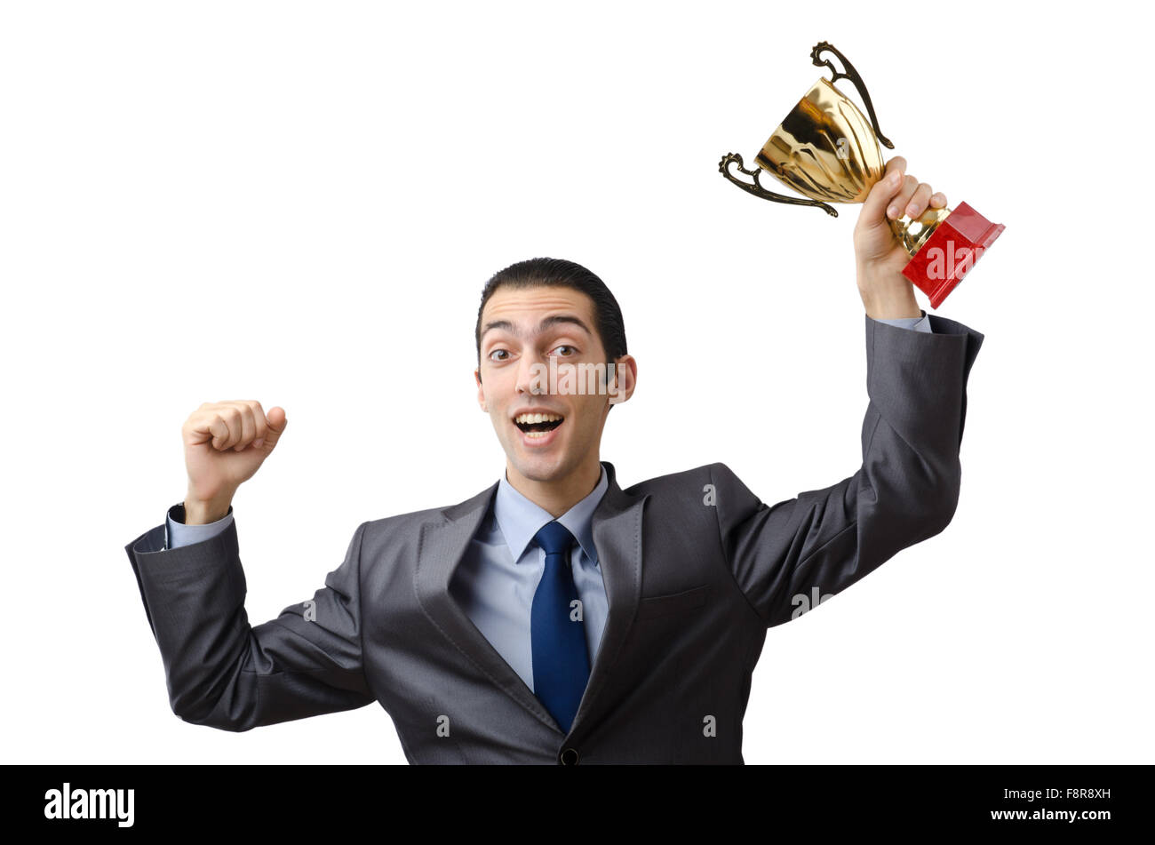 Man being awarded with golden cup Stock Photo - Alamy