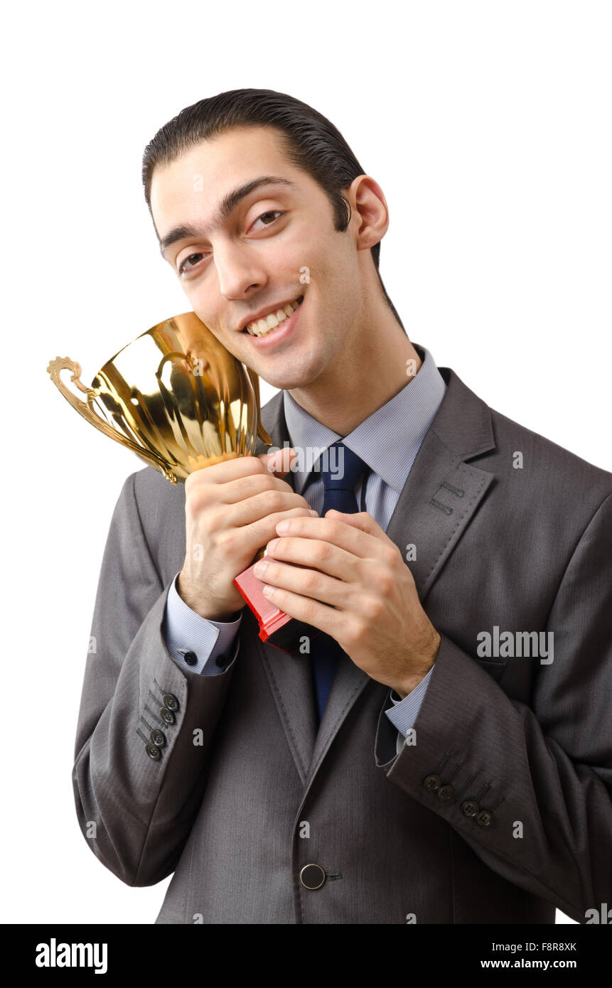 Man being awarded with golden cup Stock Photo - Alamy