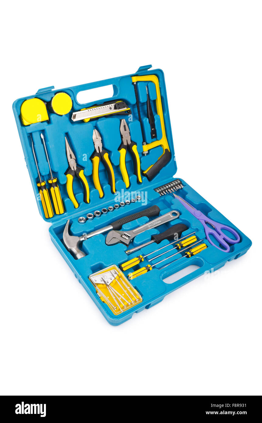 Toolkit with many tools isolated on white Stock Photo - Alamy