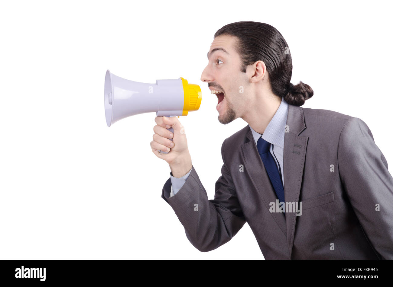 Man shouting and yelling with loudspeaker Stock Photo - Alamy