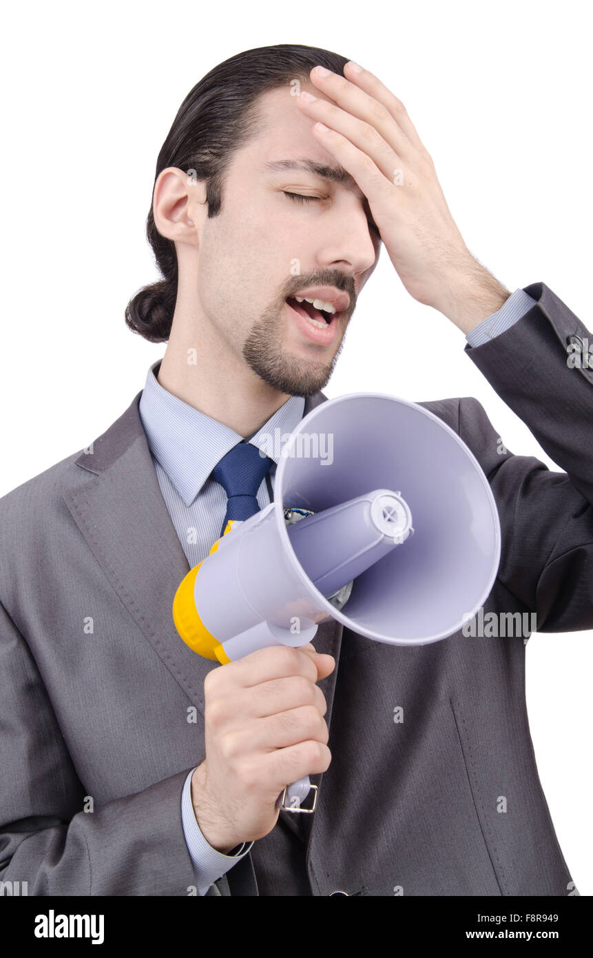 Man shouting and yelling with loudspeaker Stock Photo - Alamy