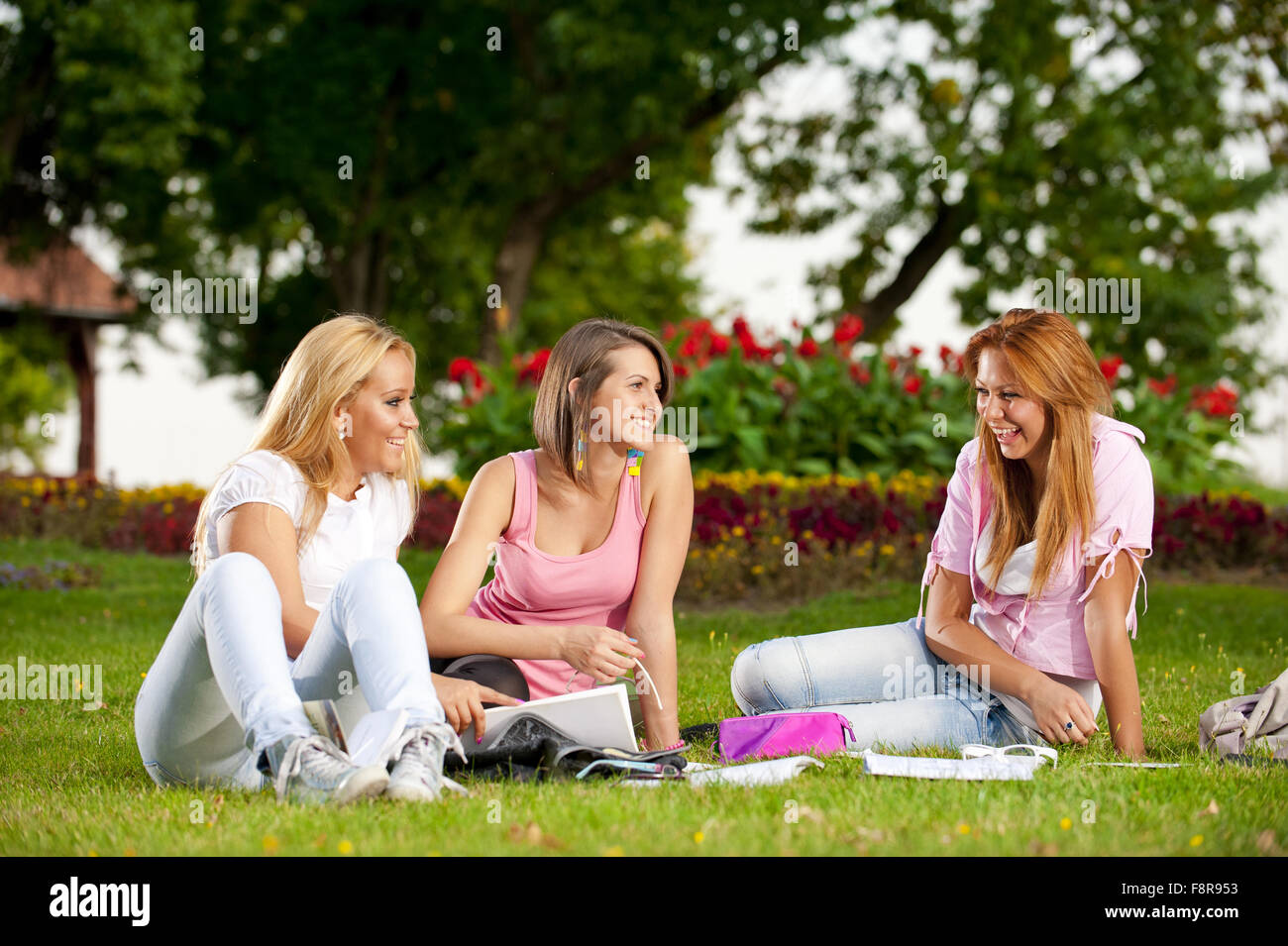 happy young college girls or high school student enjoy in the park ...