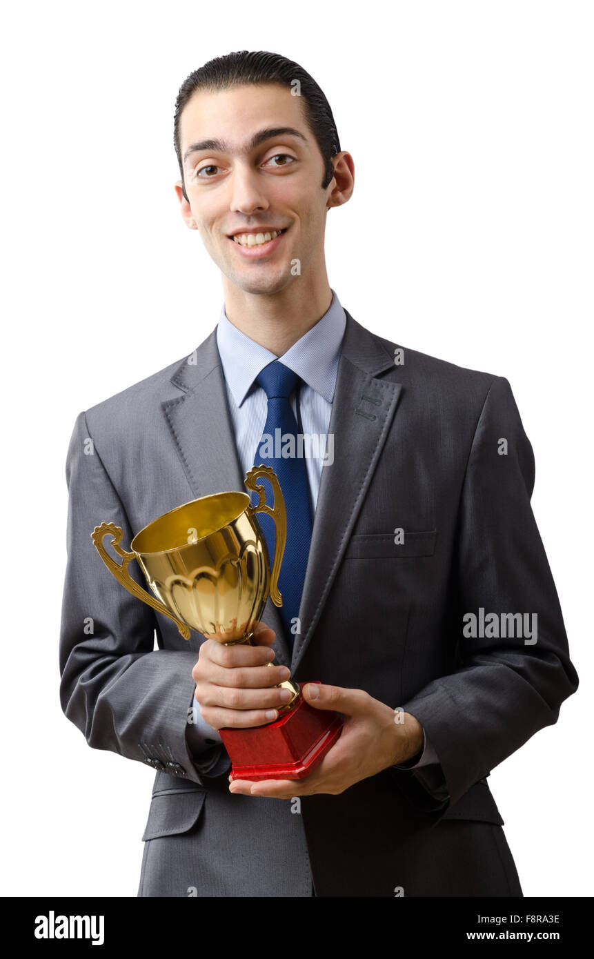 Man being awarded with golden cup Stock Photo - Alamy