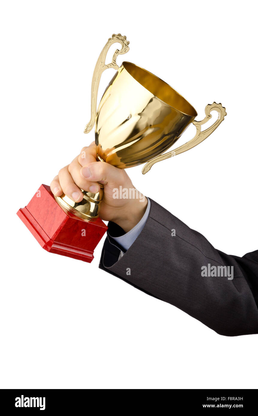 Golden trophy is being awarded to the winner hi-res stock photography ...