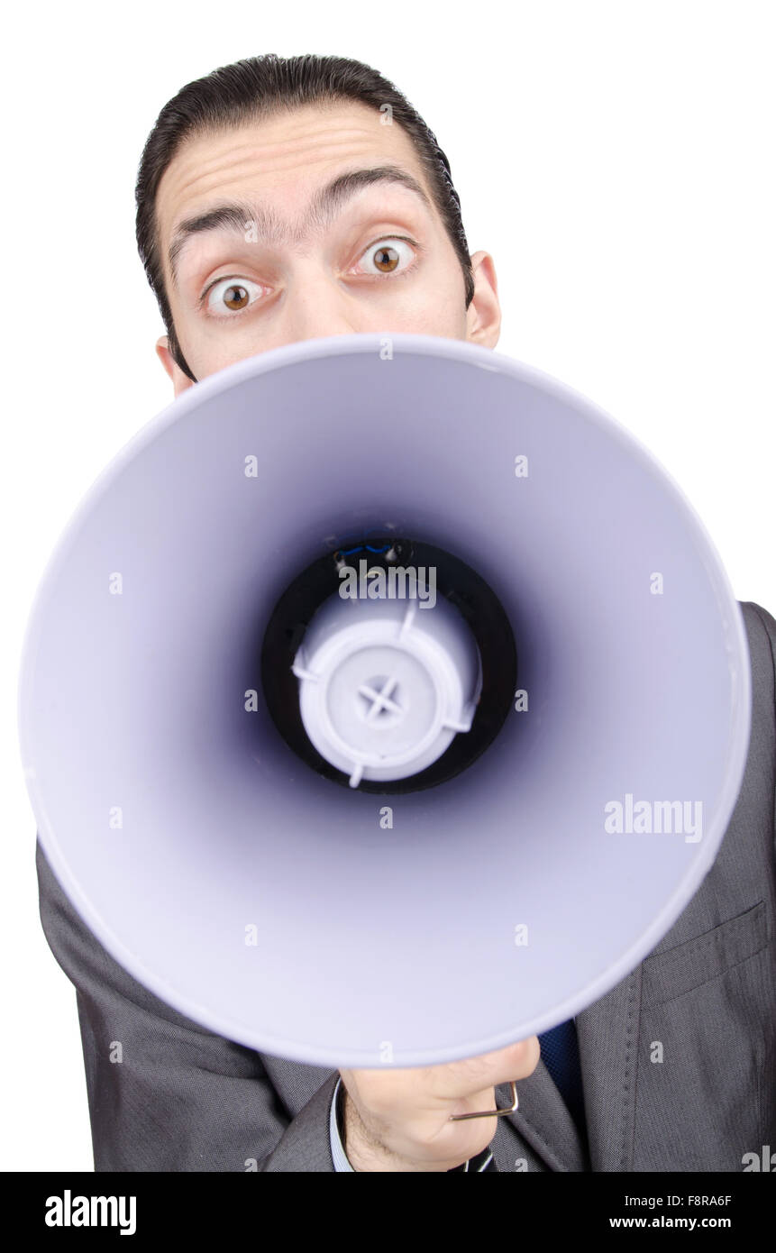 Man shouting and yelling with loudspeaker Stock Photo - Alamy
