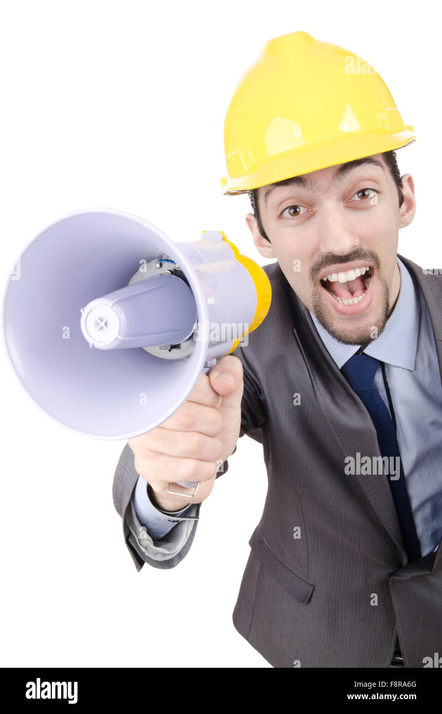 Man shouting and yelling with loudspeaker Stock Photo - Alamy