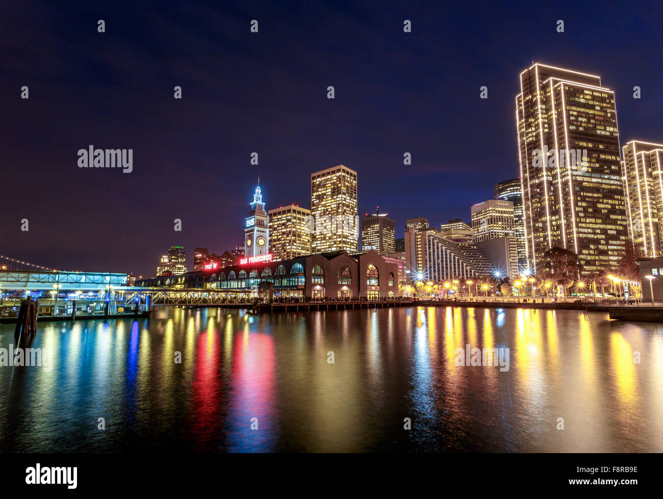 Ferry Building and Embarcadero Center illuminated at night in San ...