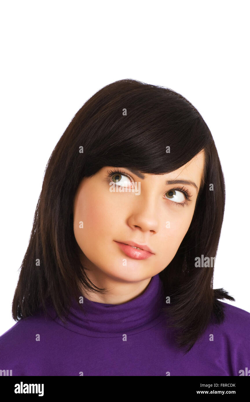 Young girl isolated on white looking to the left Stock Photo - Alamy